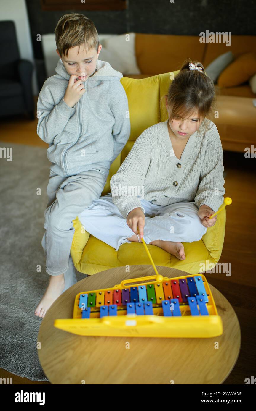 kids are playing music on metallophone at home together Stock Photo - Alamy
