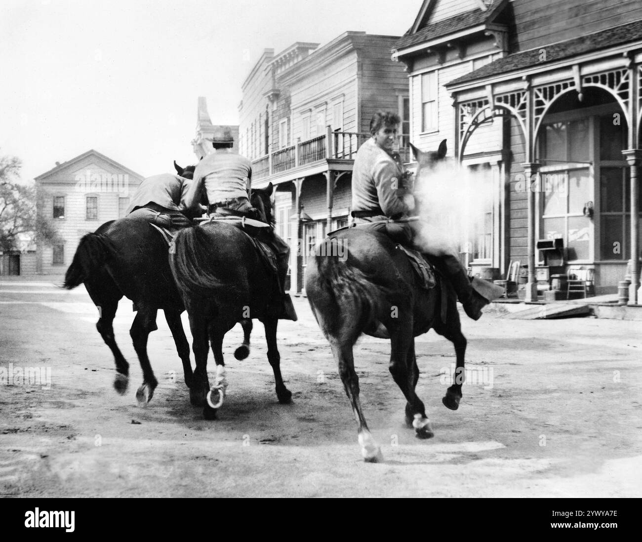 Dee Pollock, Richard Rust, Michael Landon, on-set of the western film ...