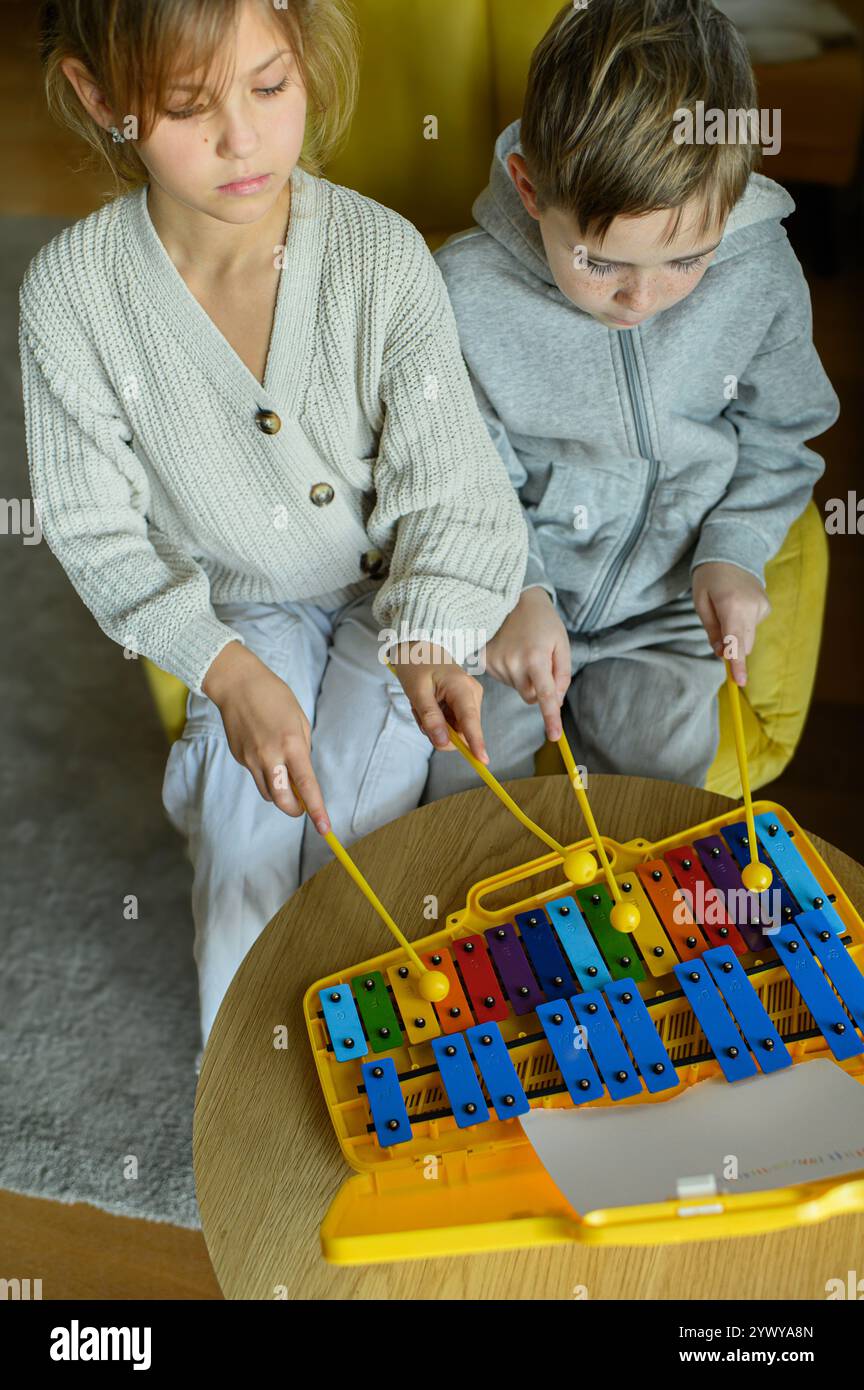 kids are playing music on metallophone at home together Stock Photo - Alamy