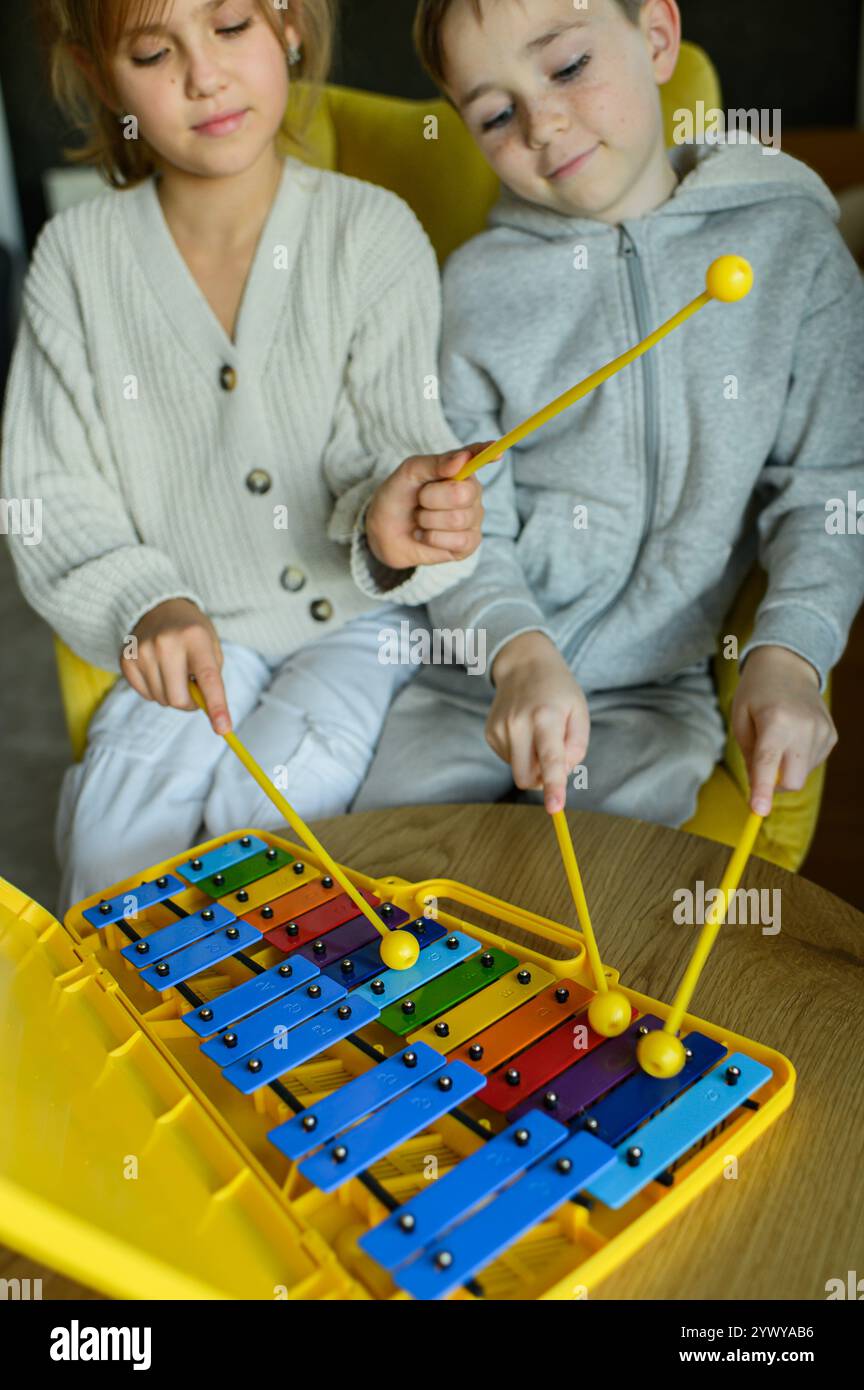kids are playing music on metallophone at home together Stock Photo - Alamy
