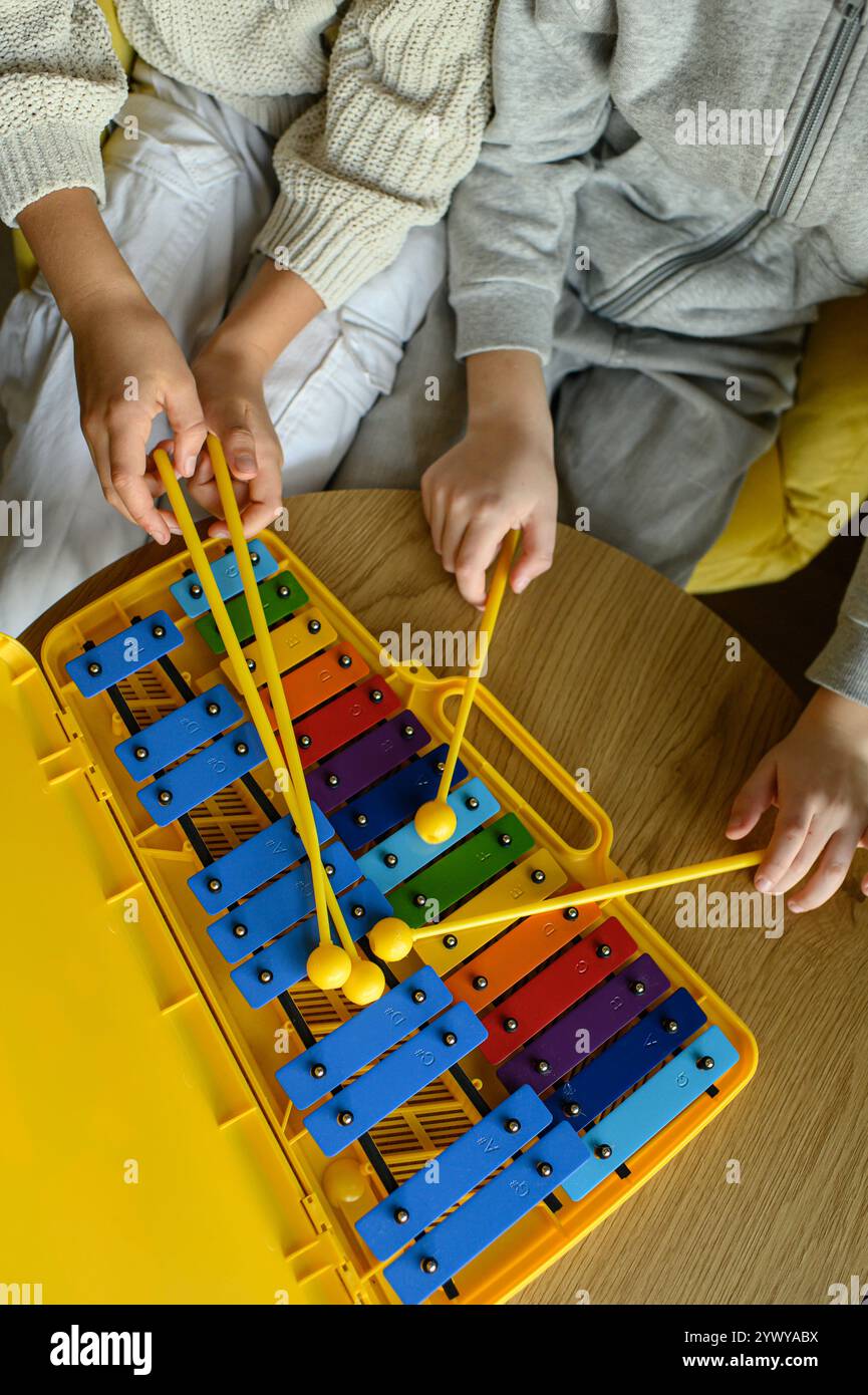 kids are playing music on metallophone at home together Stock Photo - Alamy