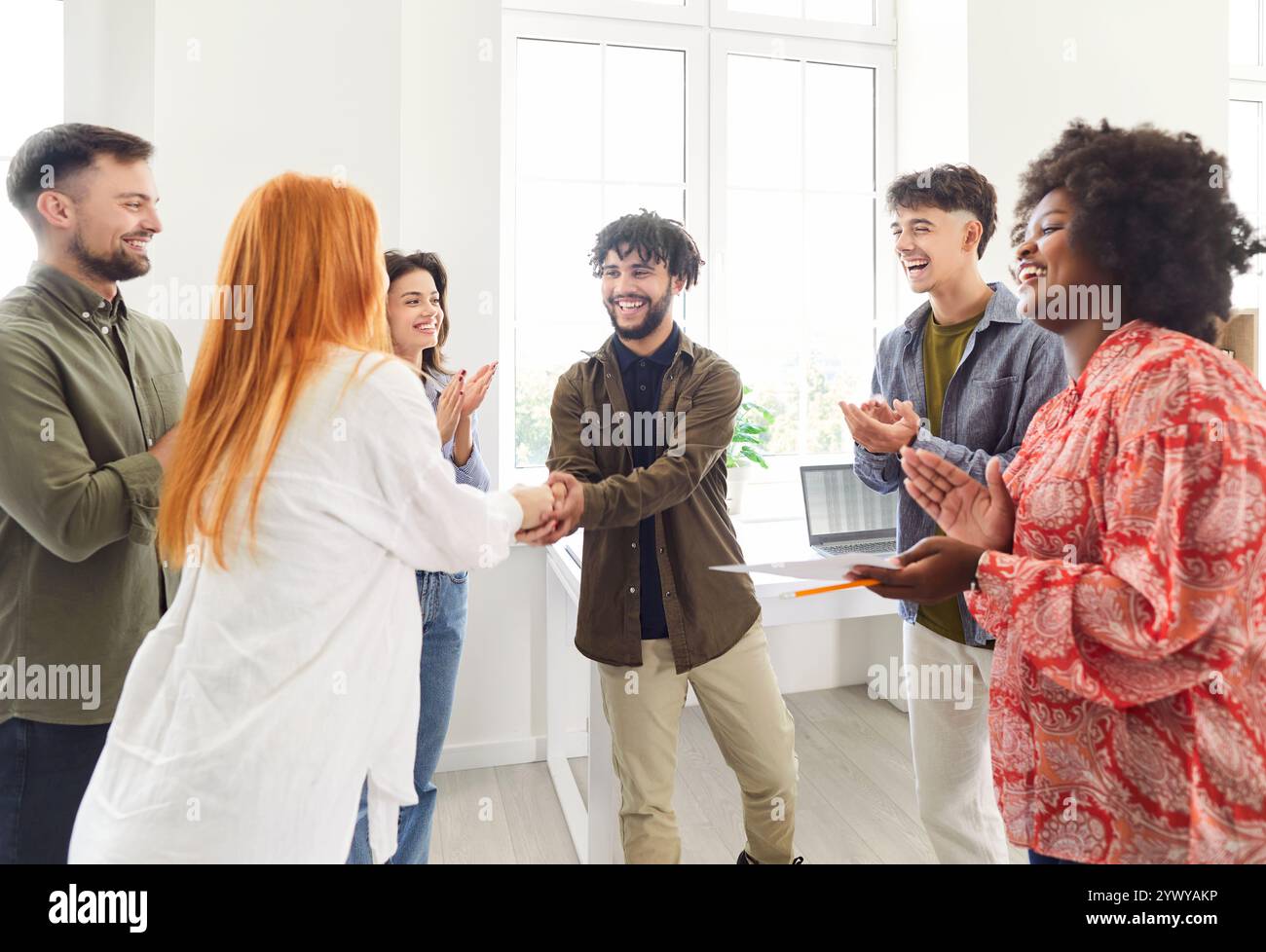 Team group, young company boss hr manager after successful job ...