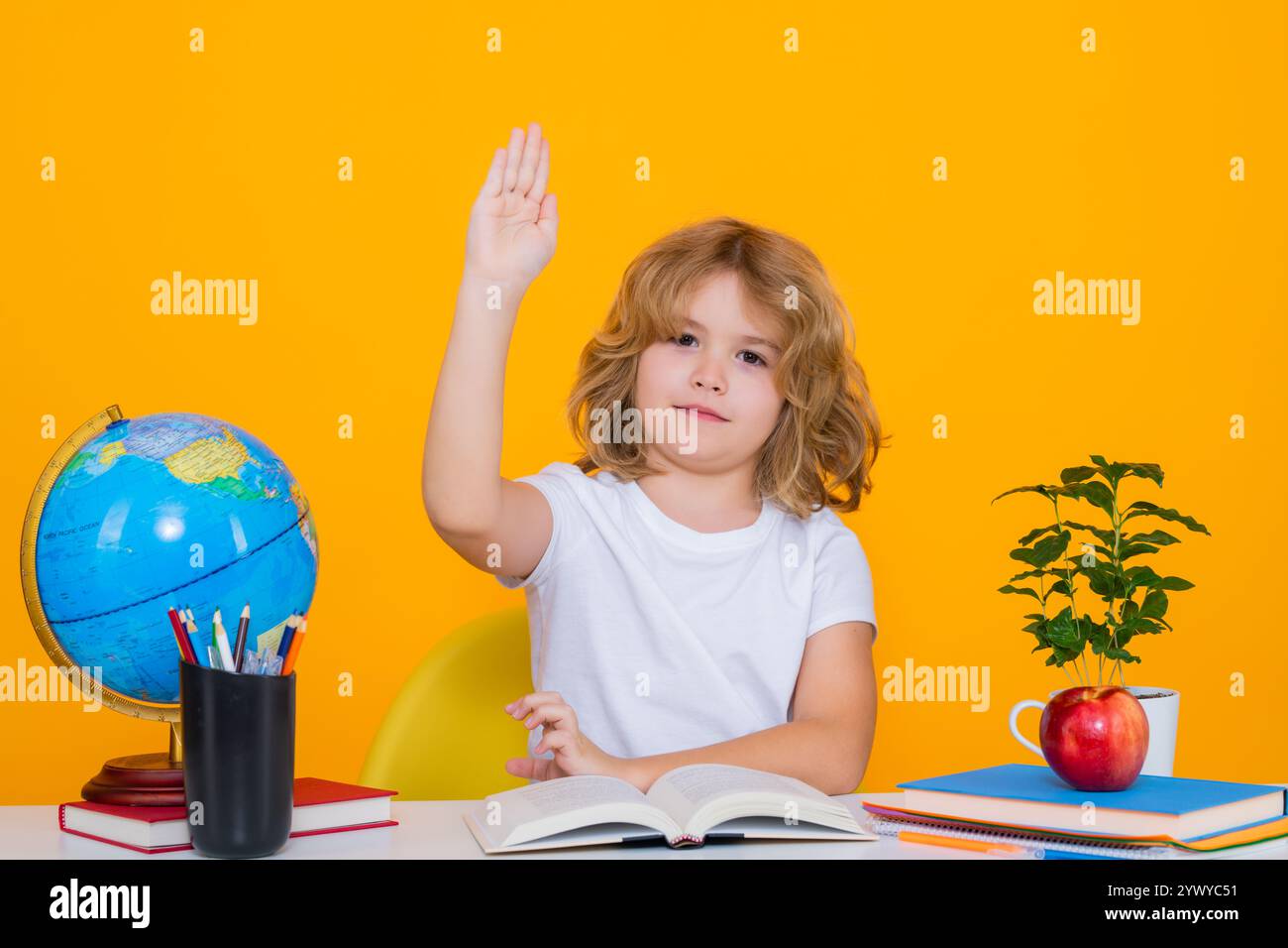 School child raising hands, willing to answer question. Nerd school kid ...