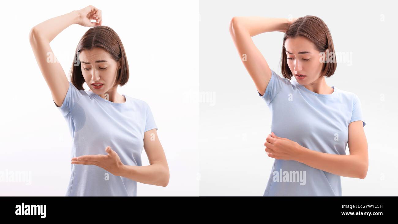 Personal care product. Woman on white background, before and after ...