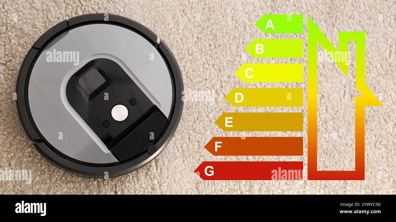 Energy efficiency rating of home appliances. Modern robotic vacuum ...