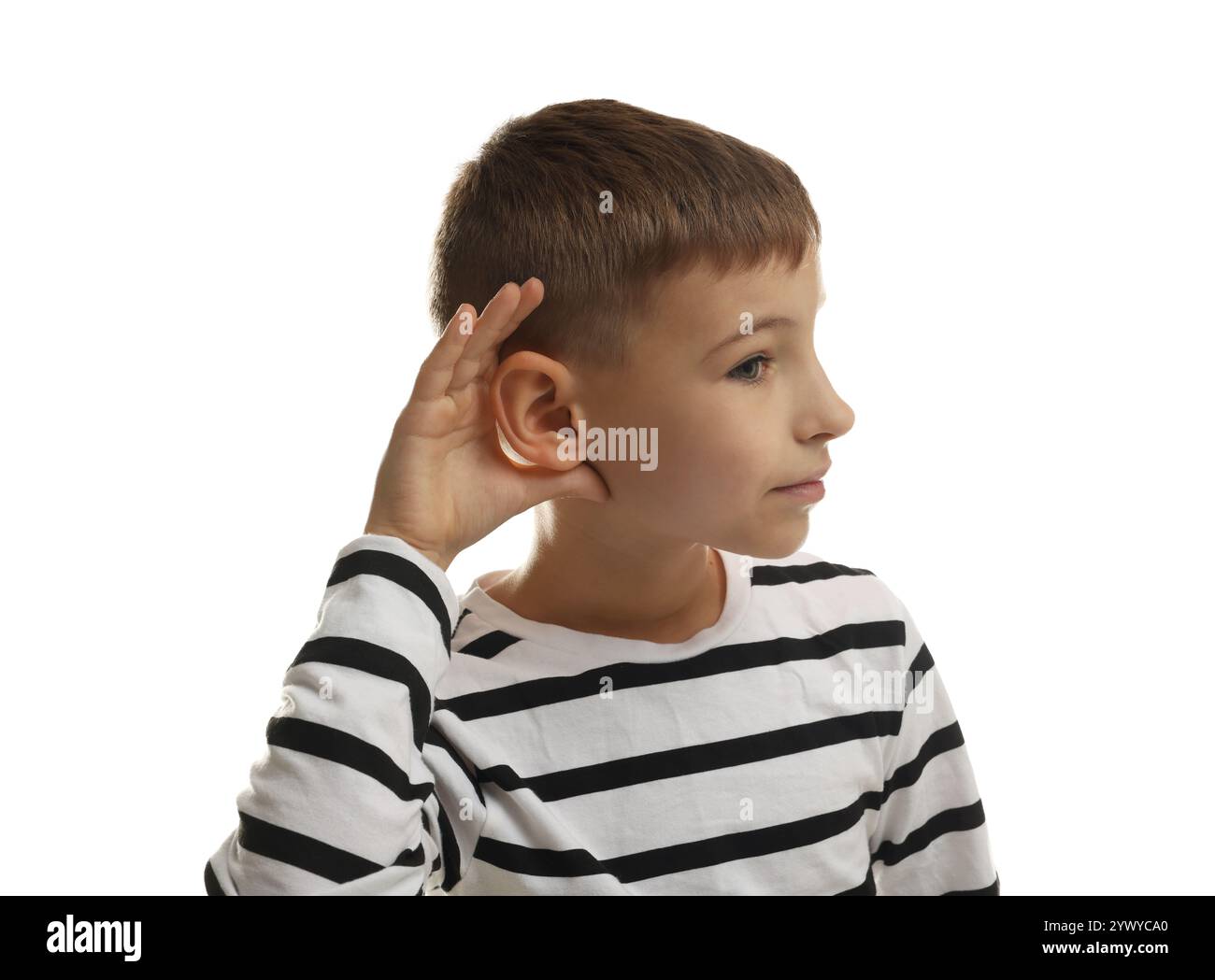 Little boy showing hand to ear gesture on white background Stock Photo ...