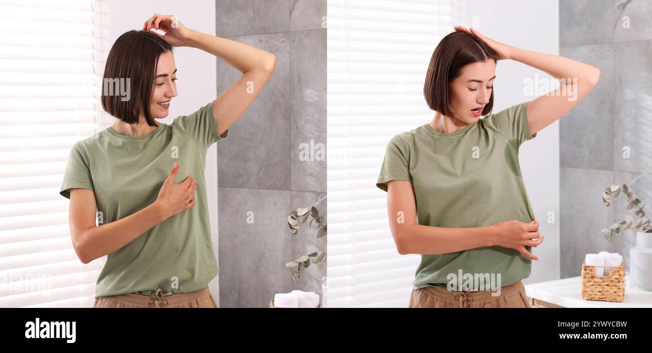 Personal care product. Woman in bathroom, before and after using of ...