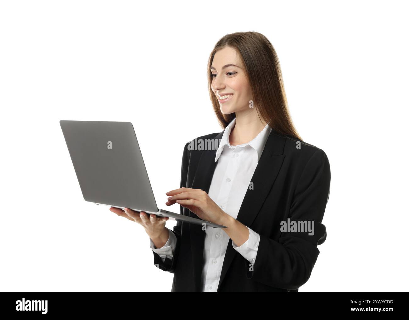 Portrait of banker with laptop on white background Stock Photo - Alamy