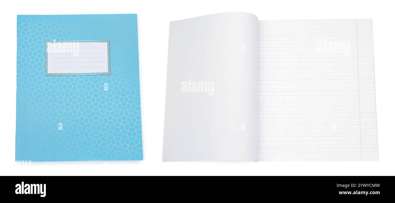 Open and closed notebook on white background. School stationery Stock ...