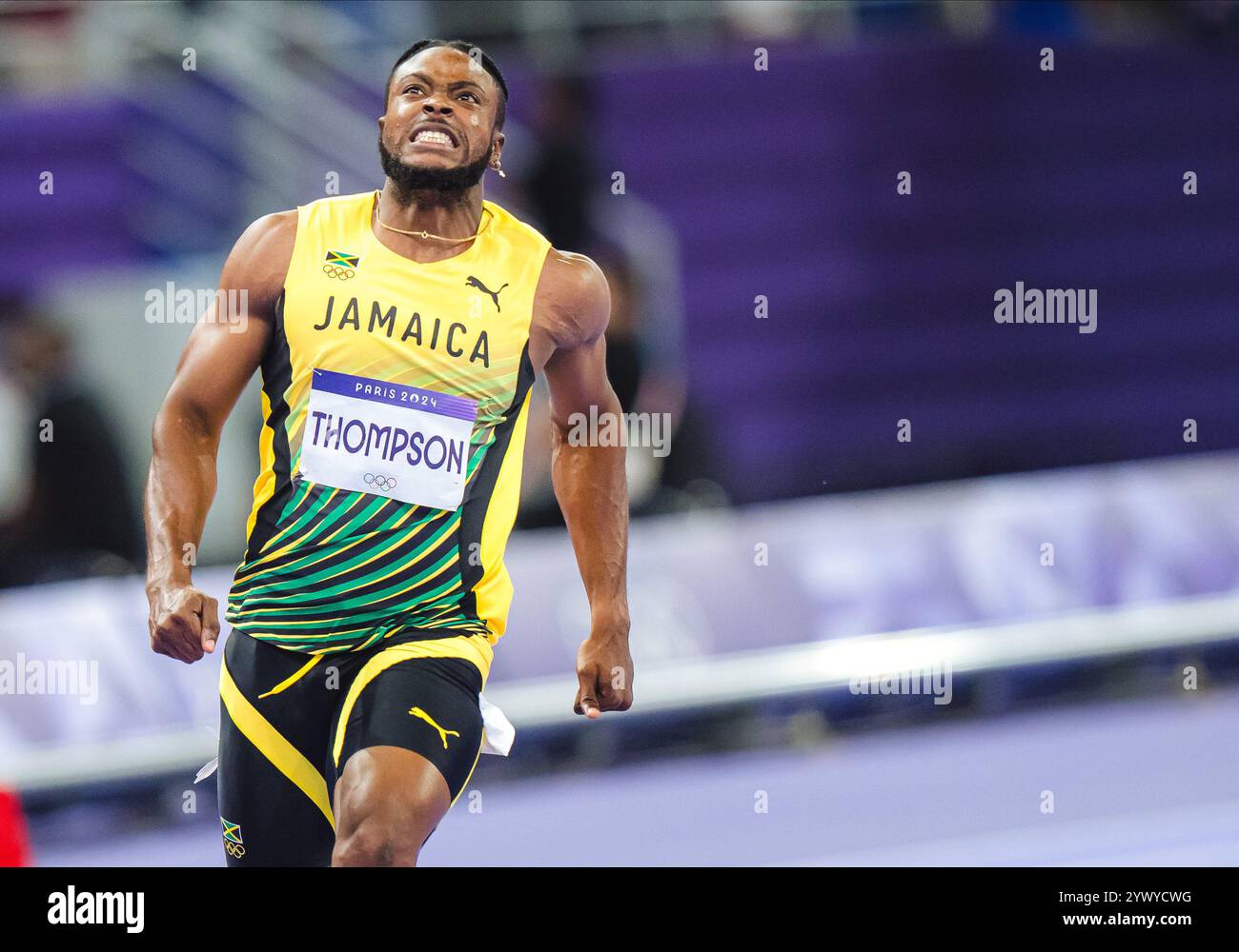 Kishane Thompson participating in the 100 metres at the Paris 2024 ...