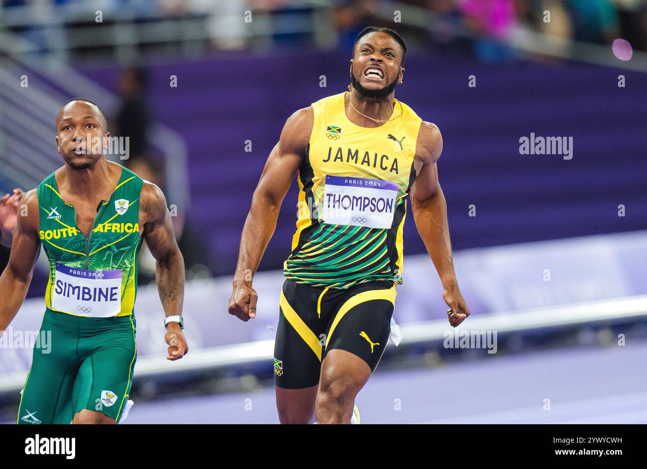 Kishane Thompson participating in the 100 metres at the Paris 2024 ...