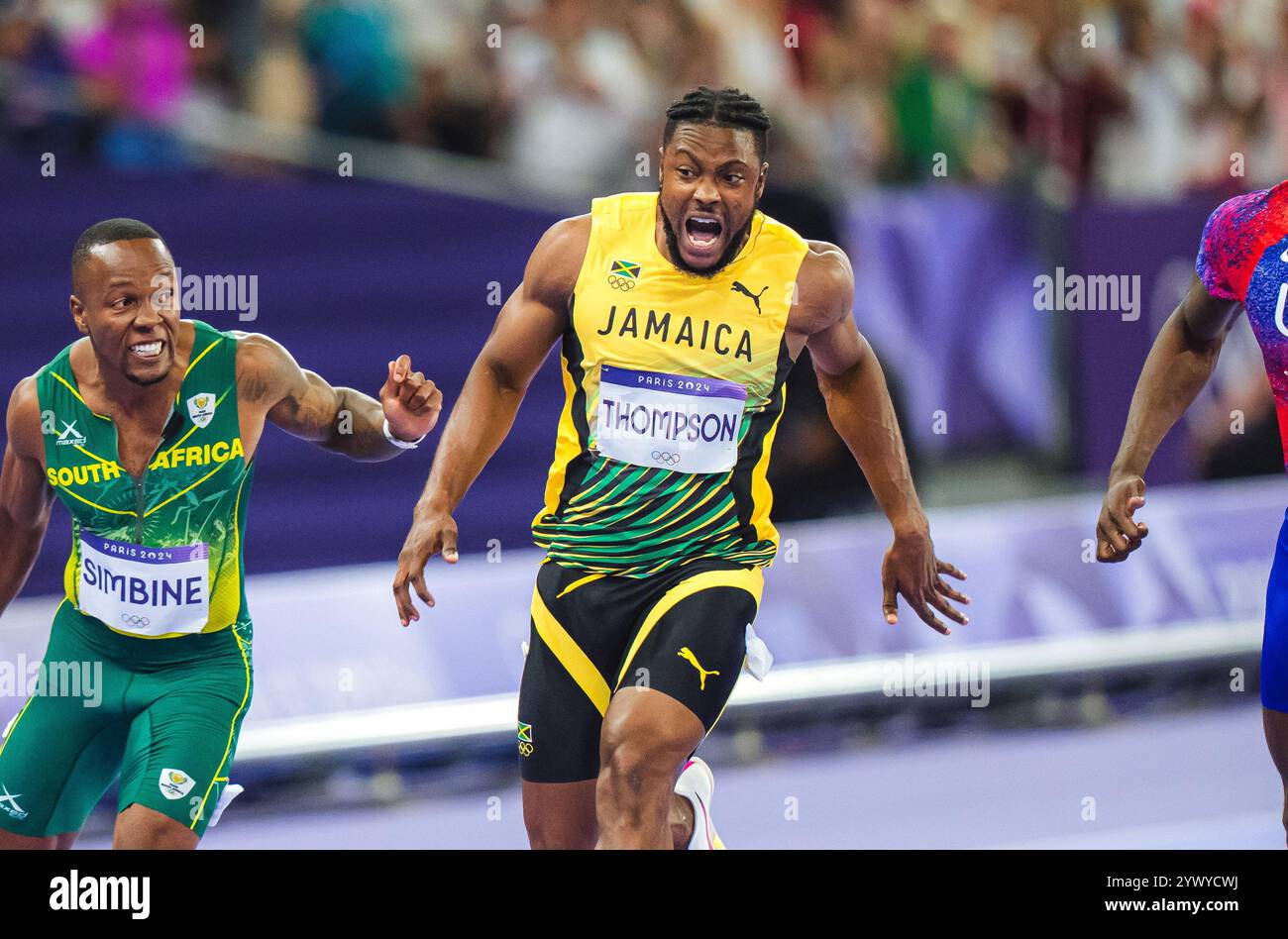 Kishane Thompson participating in the 100 metres at the Paris 2024 ...