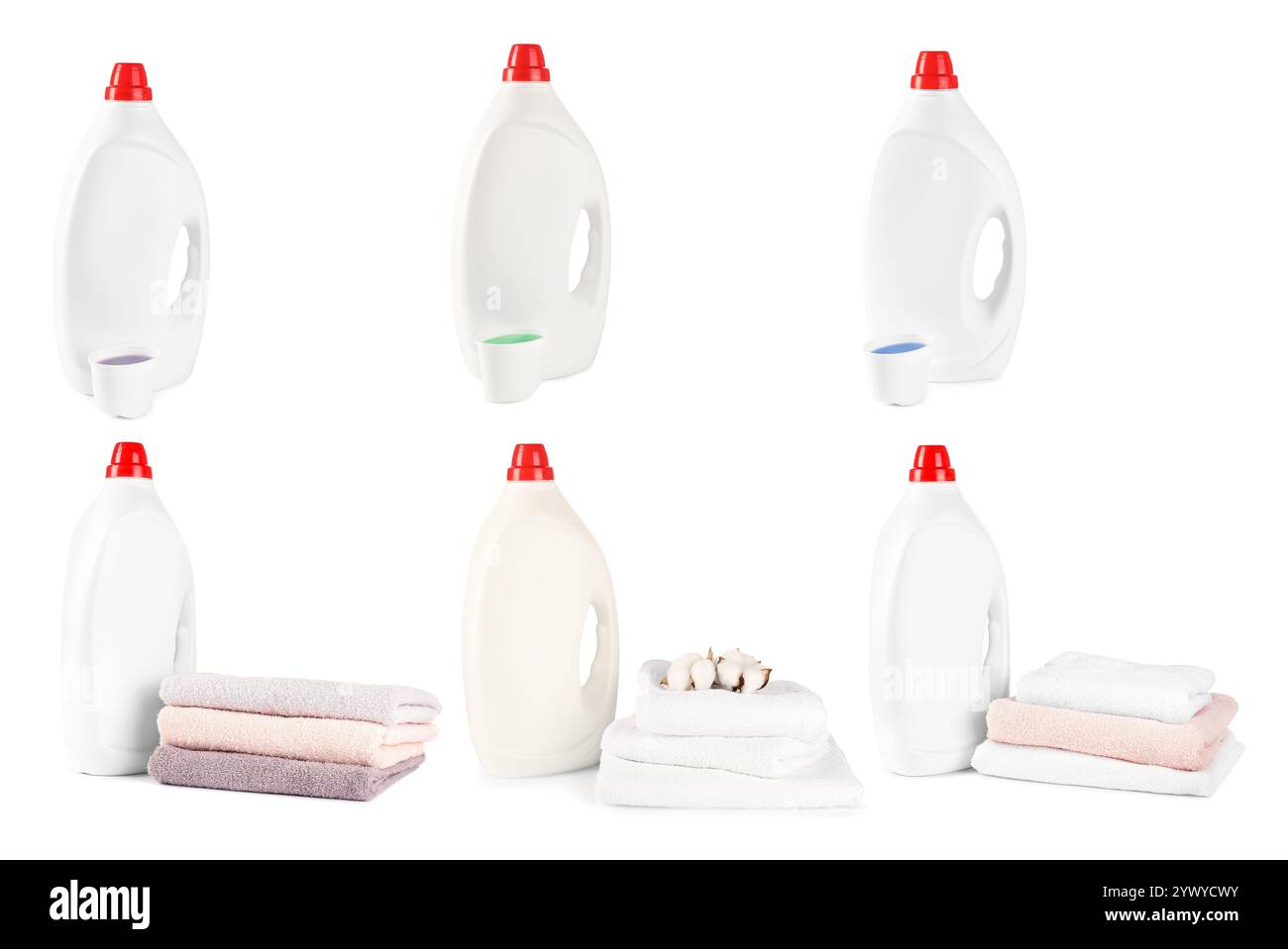 Laundry detergent, fabric softener and towels on white background, set ...