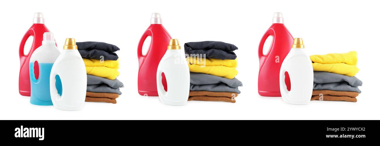 Laundry detergent, fabric softener and stacked clothes on white ...