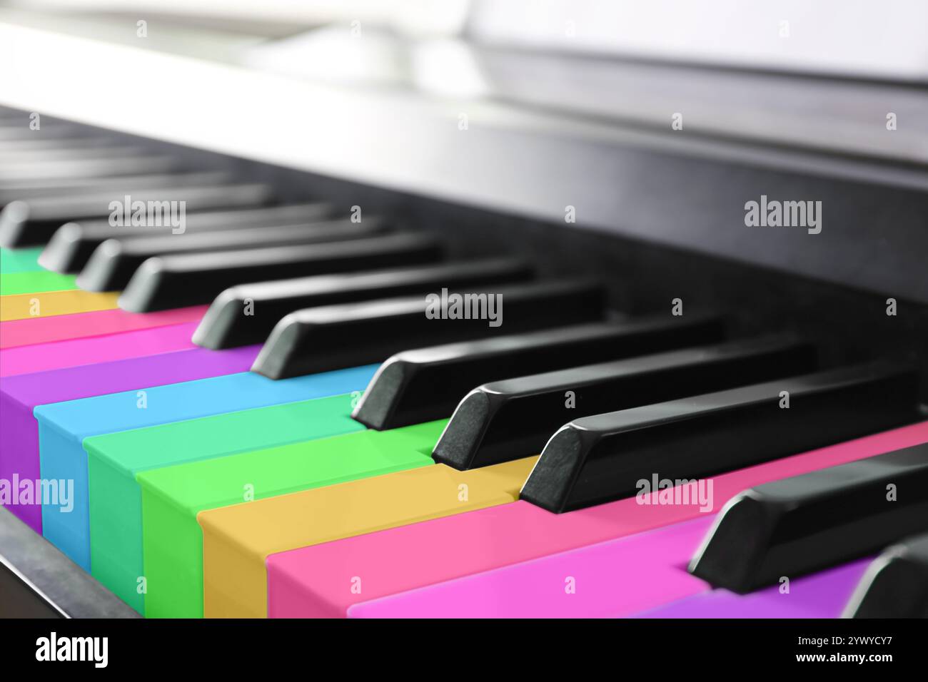 Piano with keys in colors of rainbow, closeup. Musical instrument Stock ...