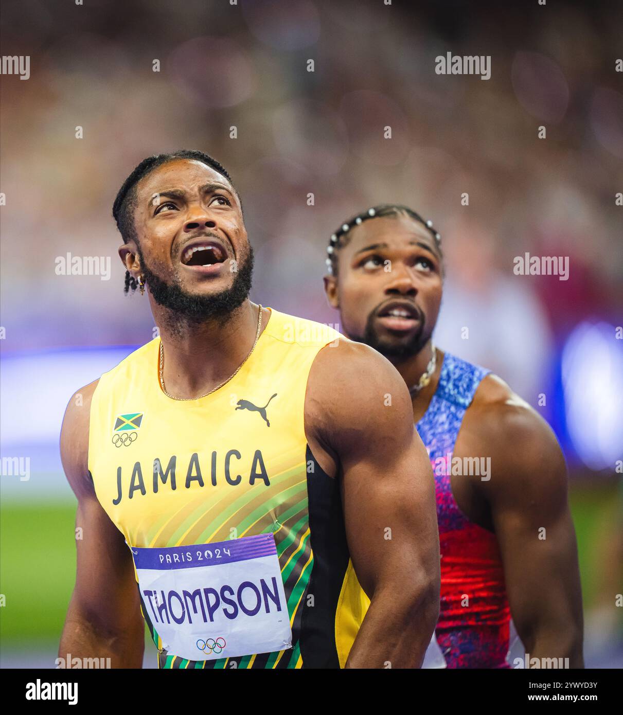 Kishane Thompson participating in the 100 metres at the Paris 2024 ...