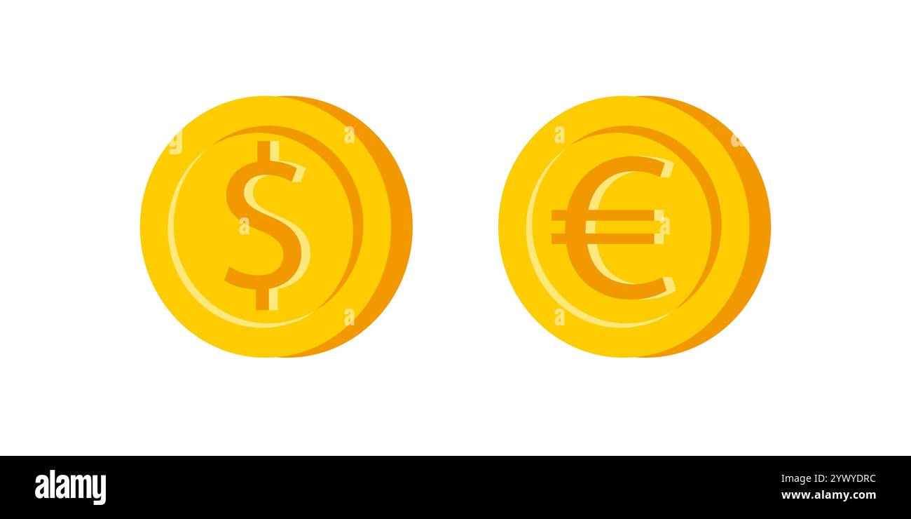 Vector set icons of golden coin in flat style. Dollar and Euro. Money ...