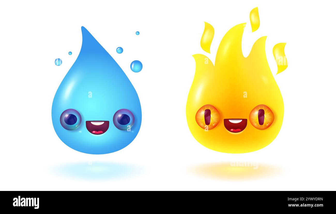 Vector illustration of water drop and fire flame in 3D style with ...