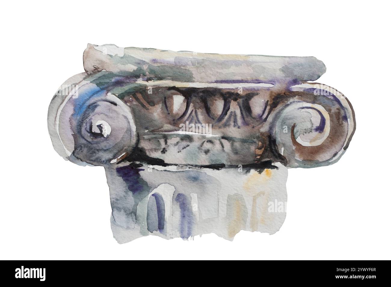 Abstract watercolor ionic column isolated on white background in grey ...