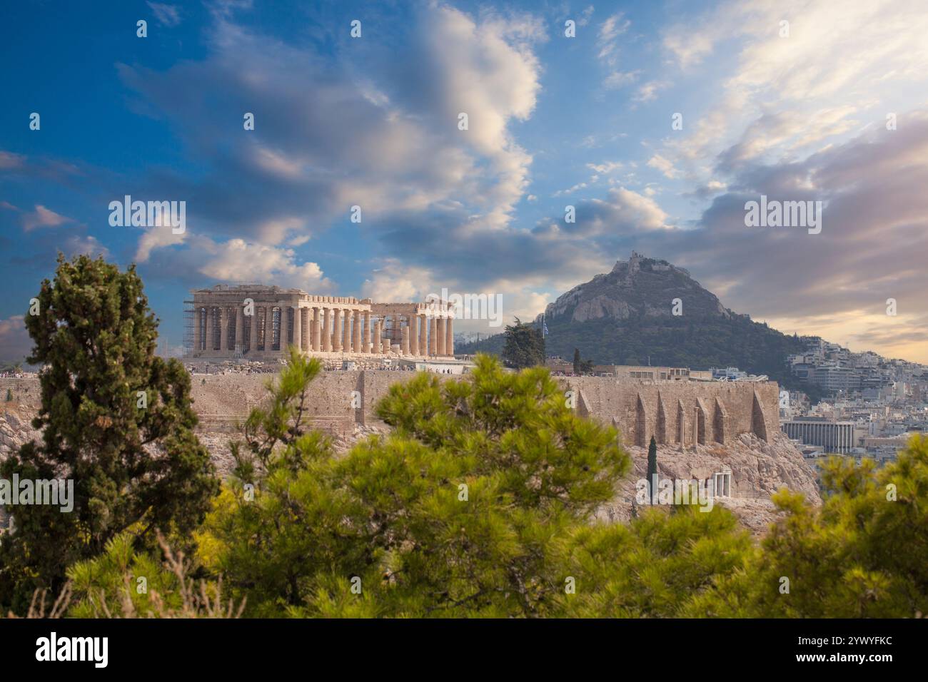 Greek Acropolis city of Athens Parthenon symbol of ancient, aerial view. Panorama of residential ...