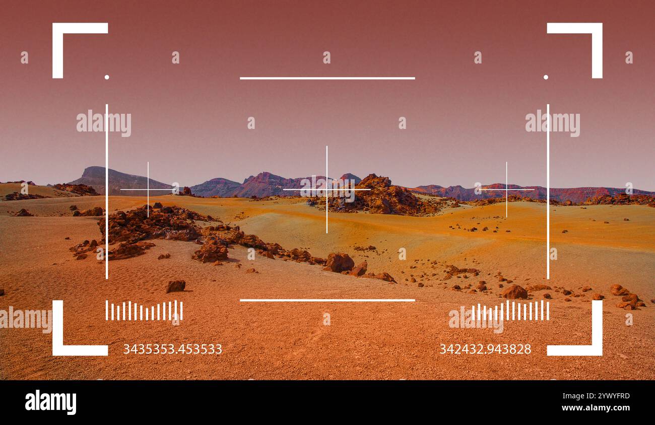 Fantastic sand surface desert planet landscape through viewfinder ...