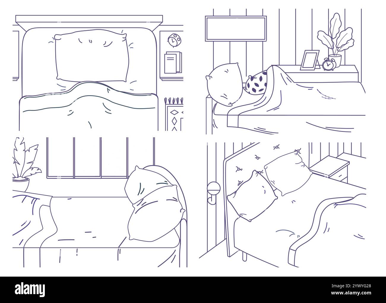 Bedroom outline design interior isolated flat set Stock Vector Image ...