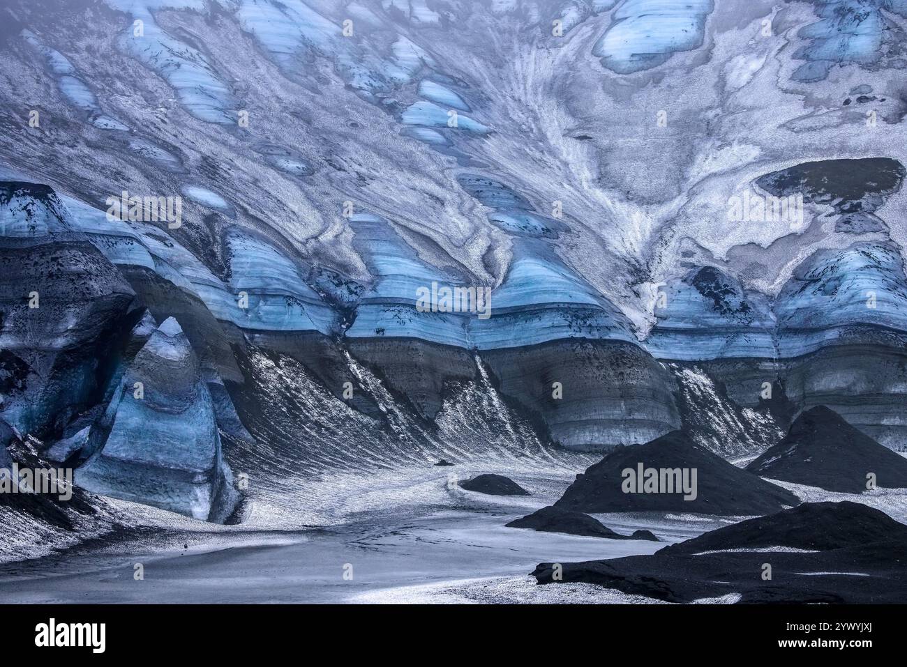 Mýrdalsjökull glacier with layers of black volcanic ash, ice cap on the ...
