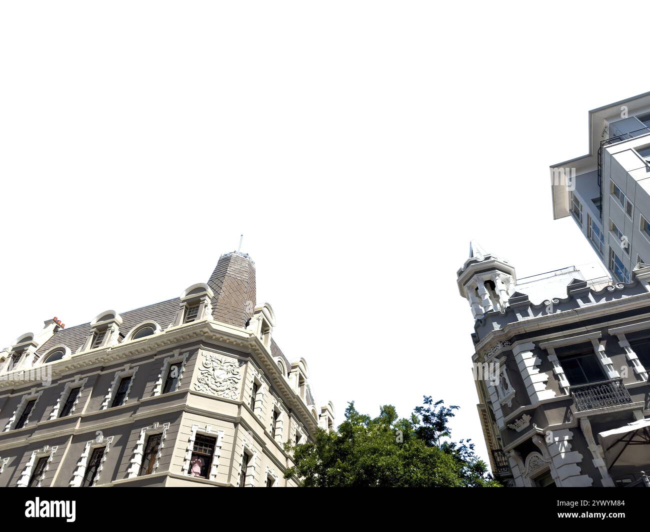 Ornate classic buildings, colonial architecture isolated on white sky ...