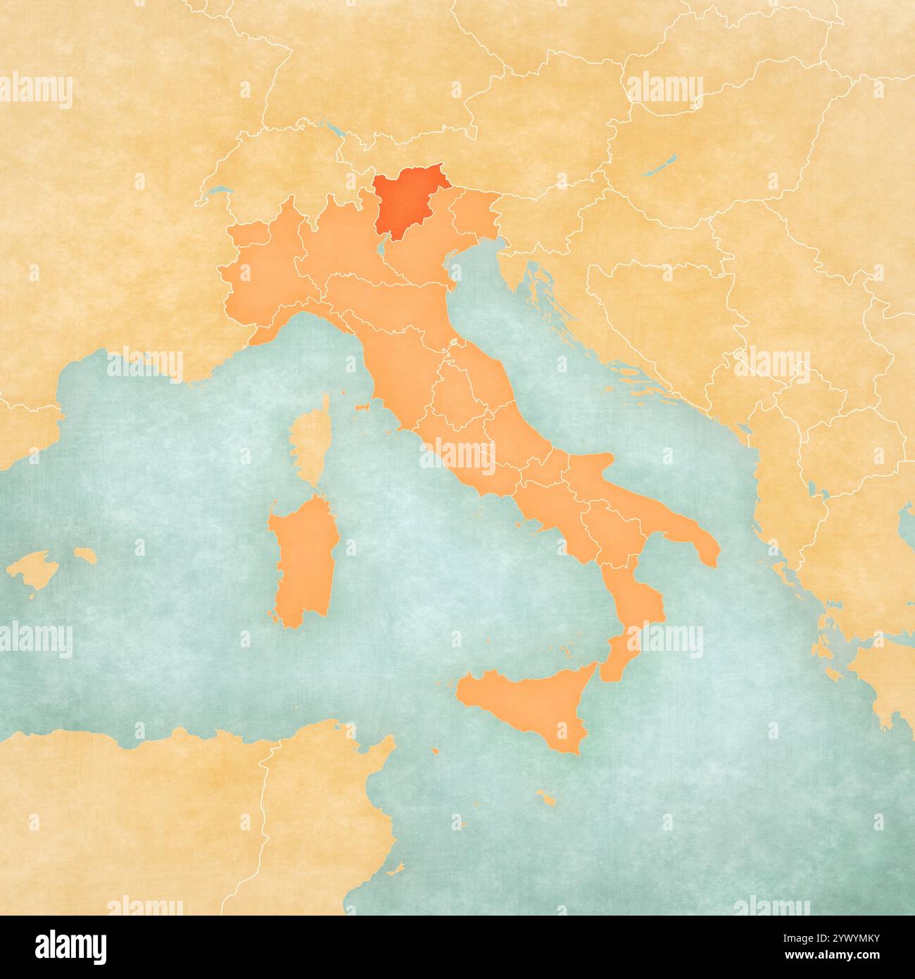 Trentino-South Tyrol on the map of Italy in soft grunge and vintage ...