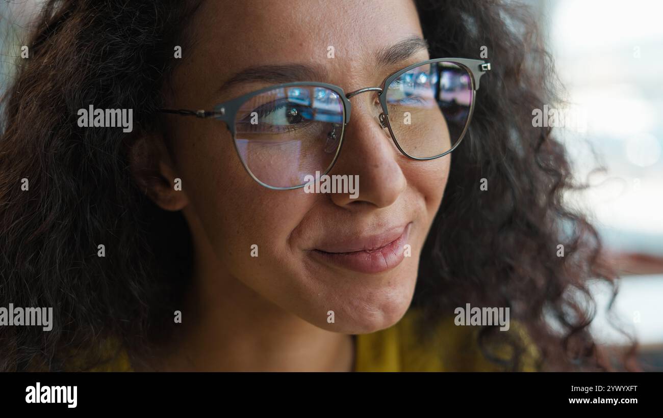 Close up face Arabian Indian Hispanic Latina woman female girl student study learning thinking ...