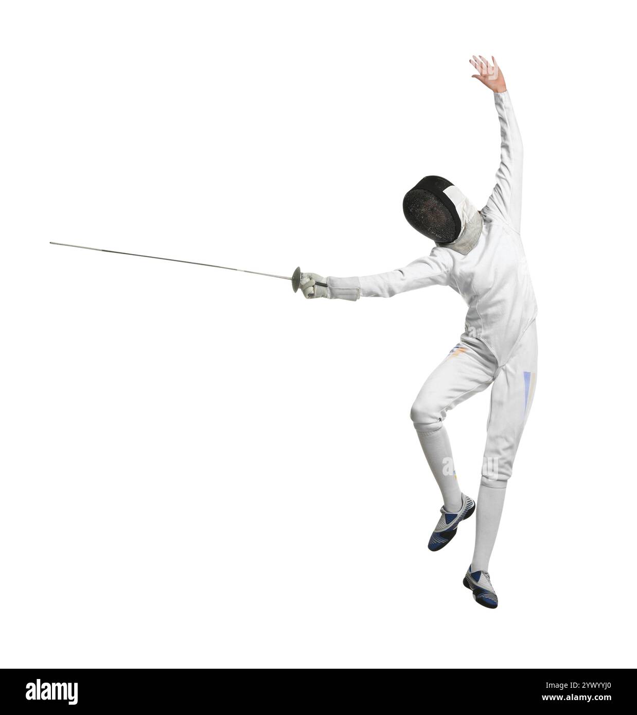 Fencer with epee practicing on white background Stock Photo - Alamy