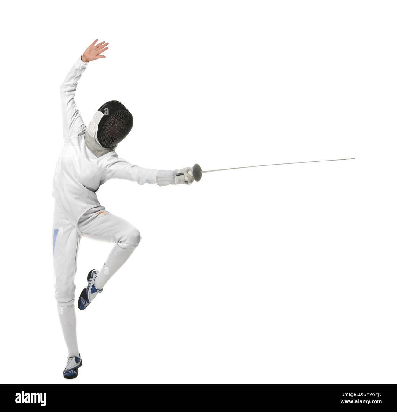 Fencer with epee practicing on white background Stock Photo - Alamy