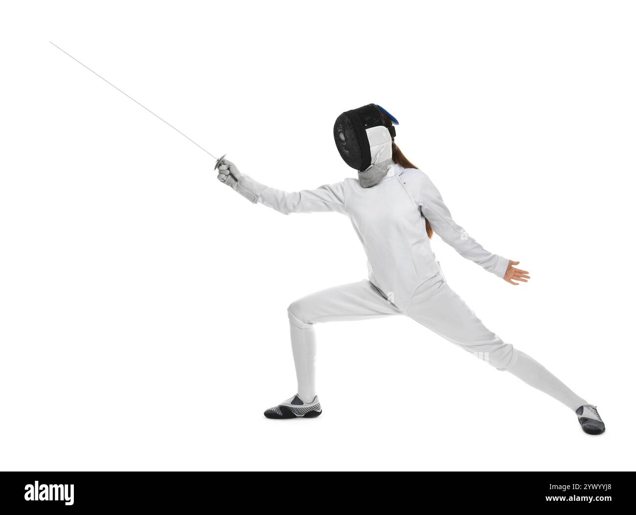 Fencer with epee practicing on white background Stock Photo - Alamy