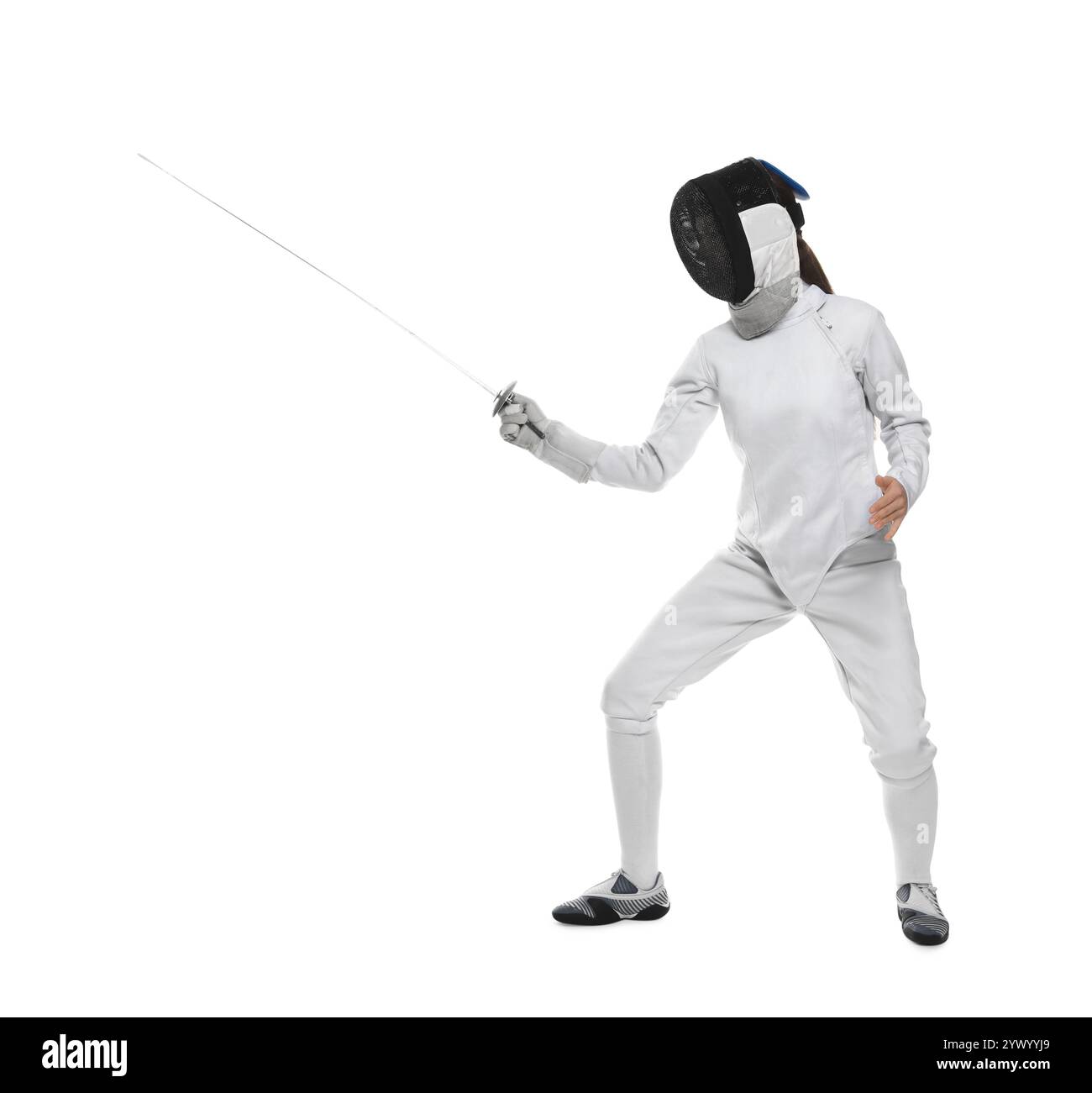 Fencer with epee practicing on white background Stock Photo - Alamy