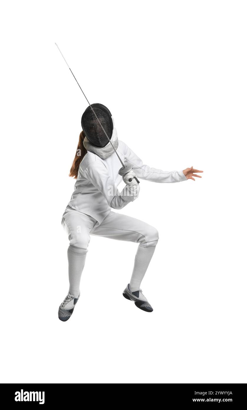 Fencer with epee practicing on white background Stock Photo - Alamy
