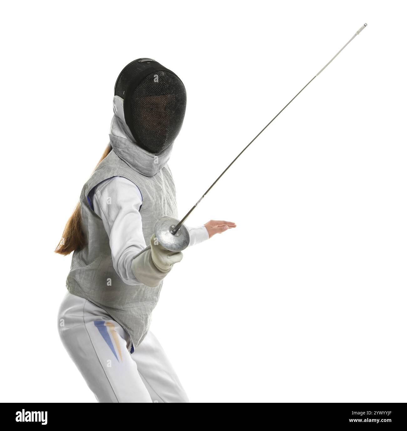 Fencer with epee practicing on white background Stock Photo - Alamy