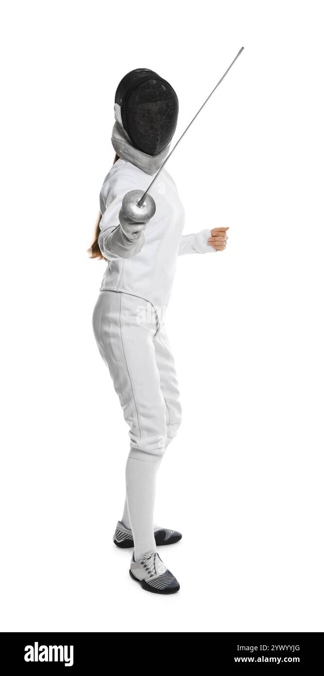 Fencer with epee practicing on white background Stock Photo - Alamy