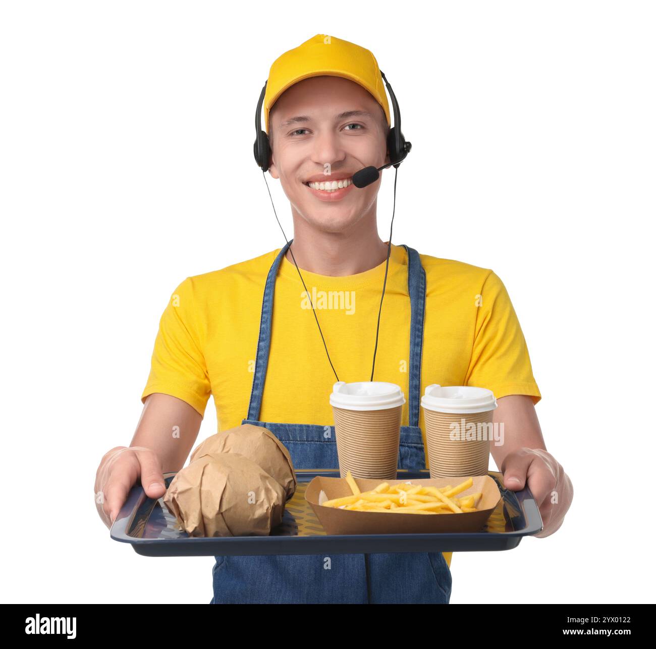 Fast-food worker holding tray with order on white background Stock ...