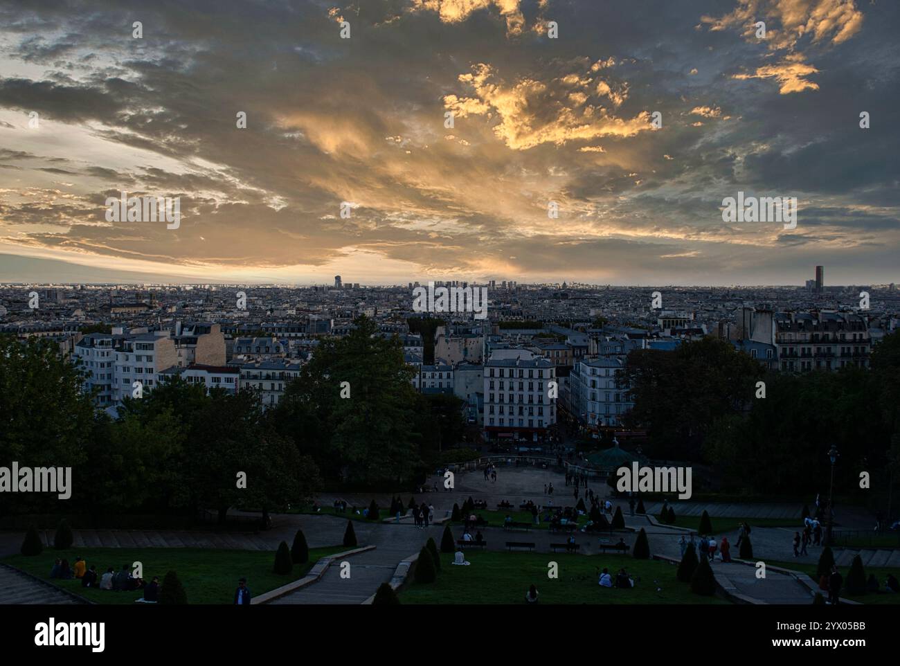 View of Paris city at sunset from the hilltop of Basilique du Sacre ...