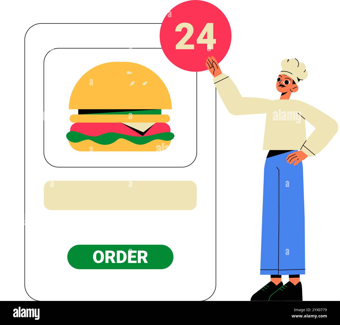 Burger Ordering Screen With Male Chef Holding Service Time Icon In Flat ...