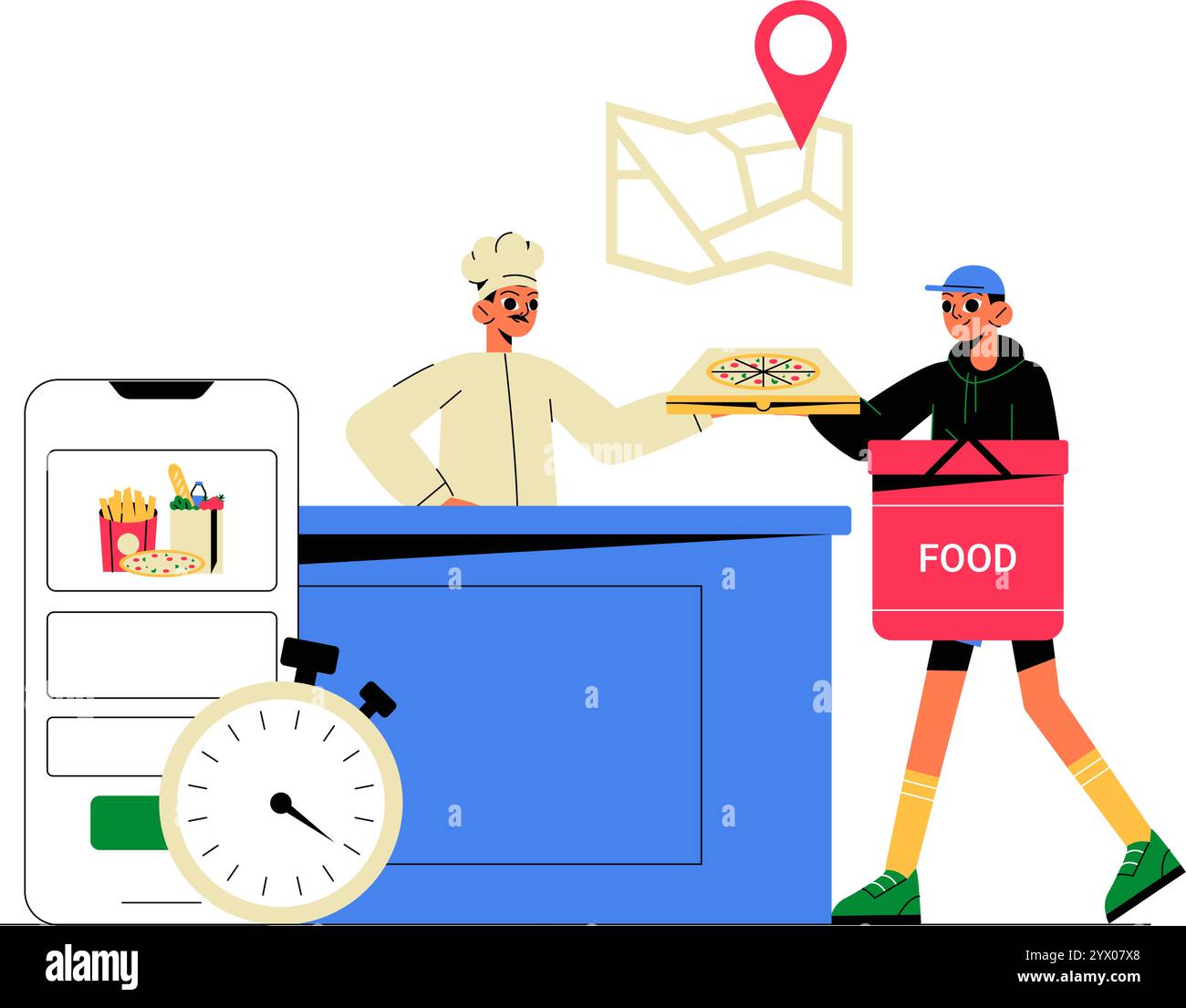Food Delivery Service With Chef And Delivery Person In Flat Vector ...
