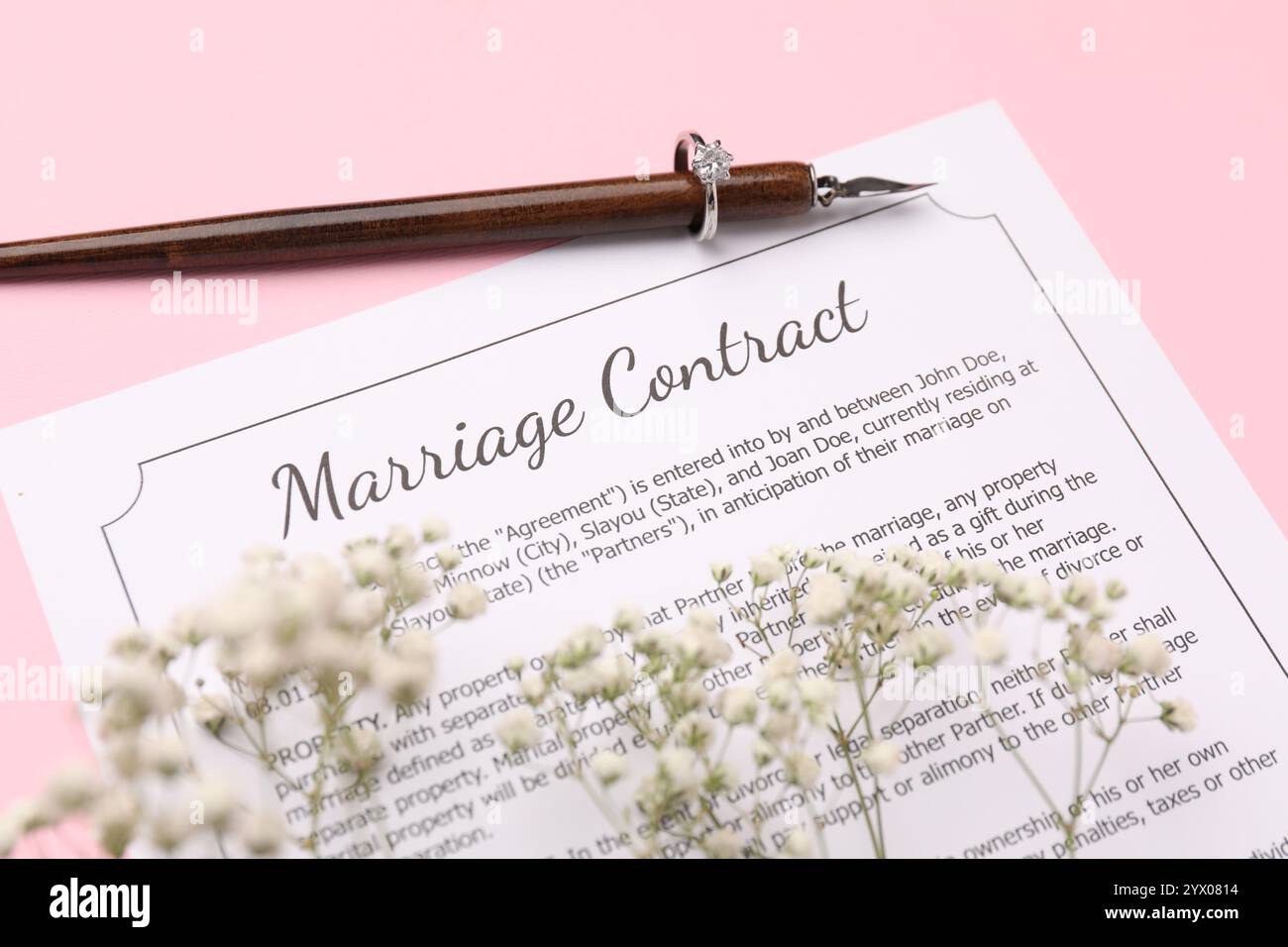 Marriage contract, flowers, pen and ring on pink background, above view ...