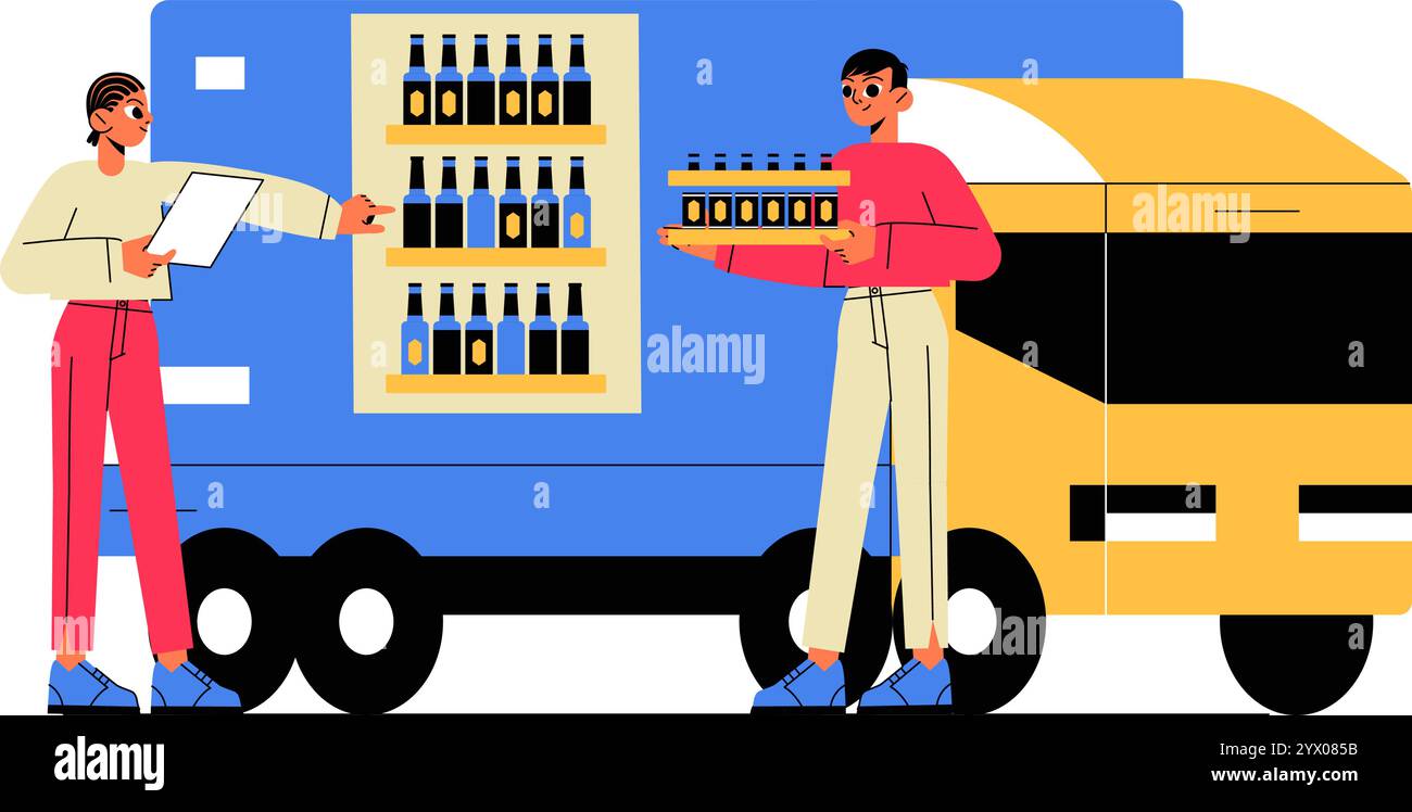 Delivery Truck Unloading Beverage Crates With Two Workers In Flat ...