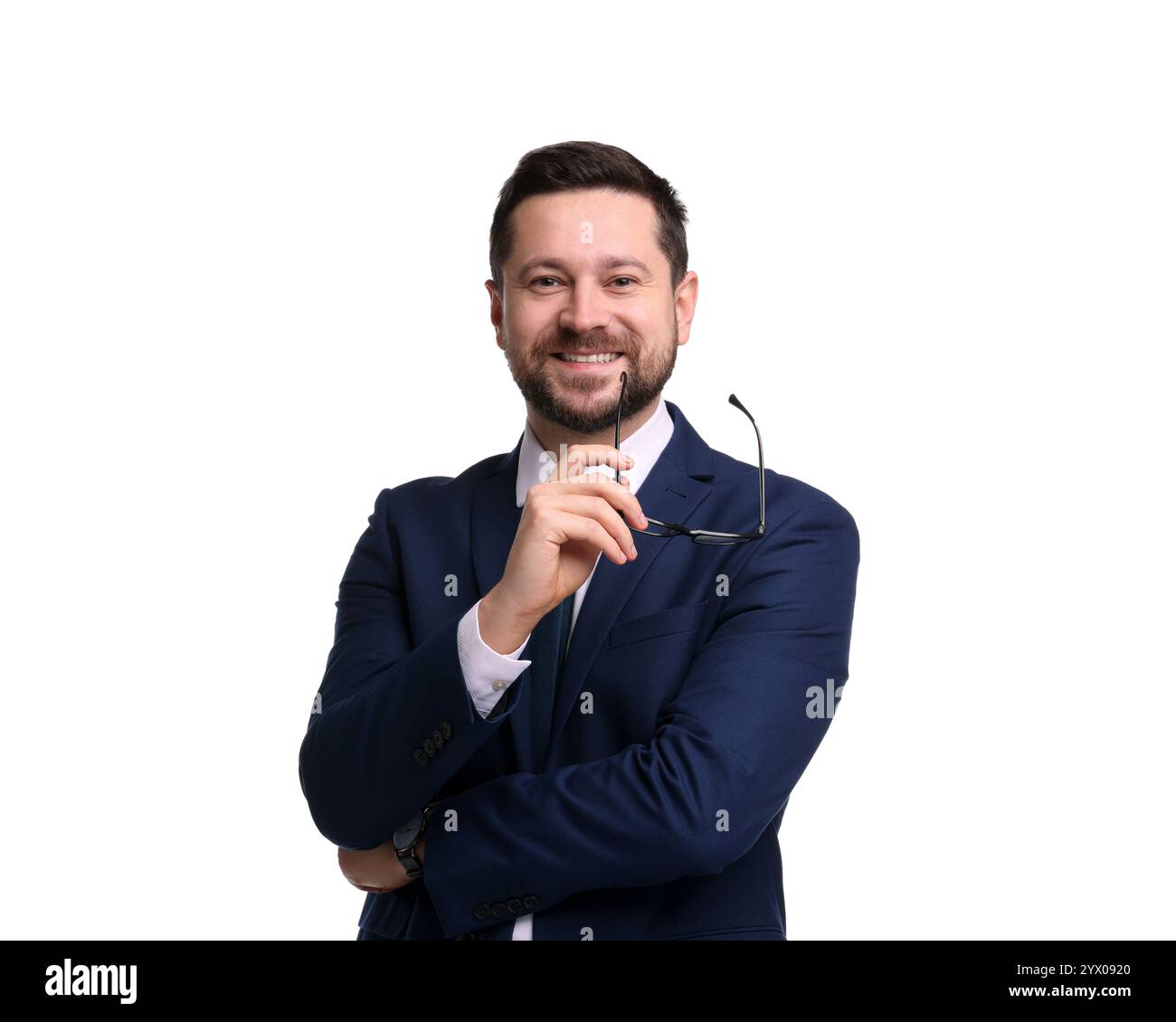 Portrait of banker with glasses on white background Stock Photo - Alamy