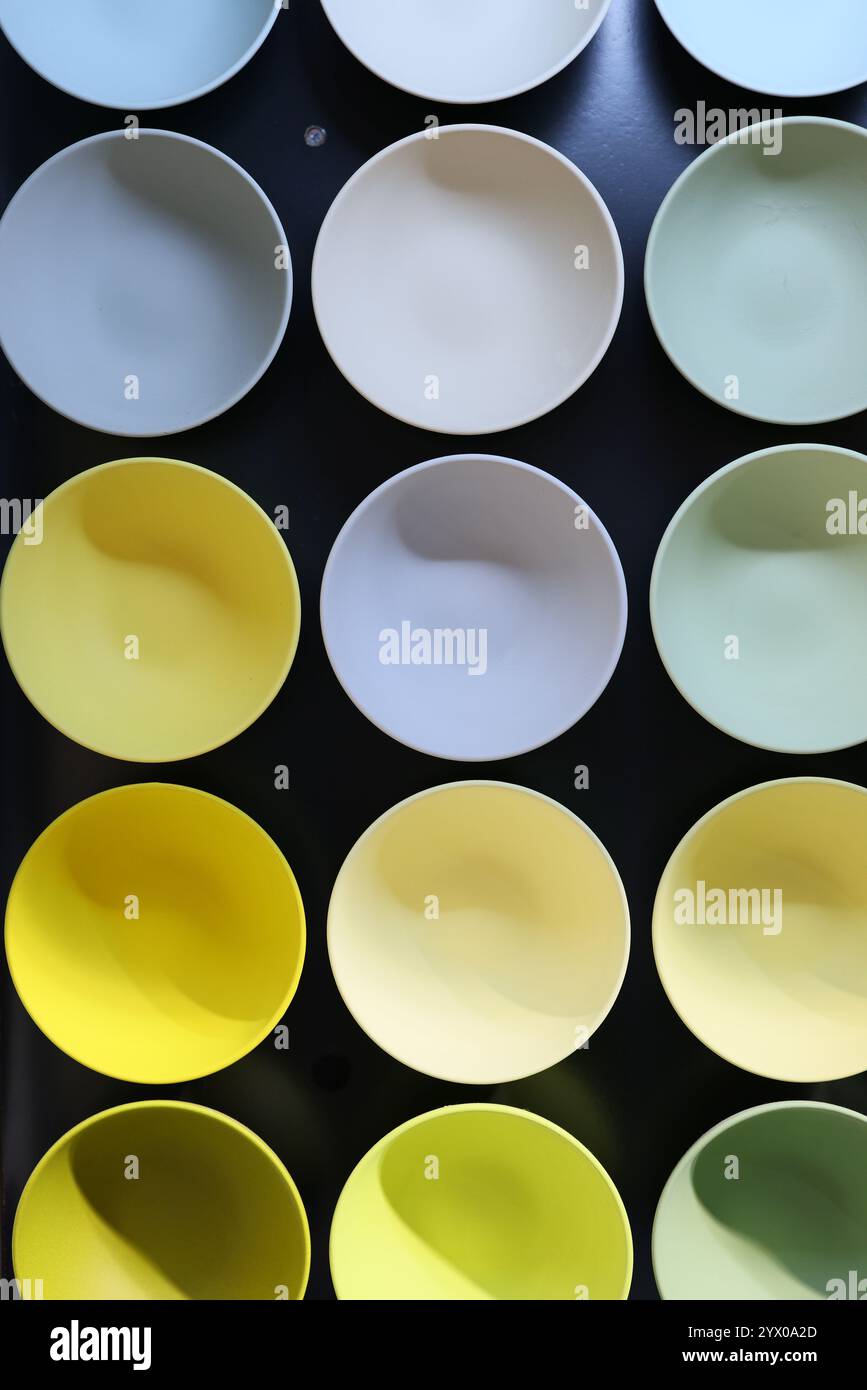 A collection of colorful round paint samples presented in beautifully ...