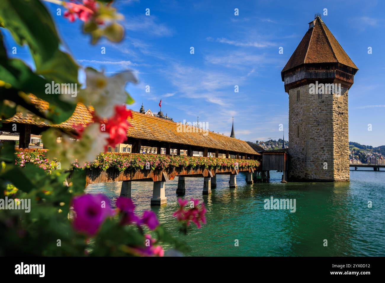 Picturesque view of Chapel Bridge in Lucerne, Switzerland, vibrant ...