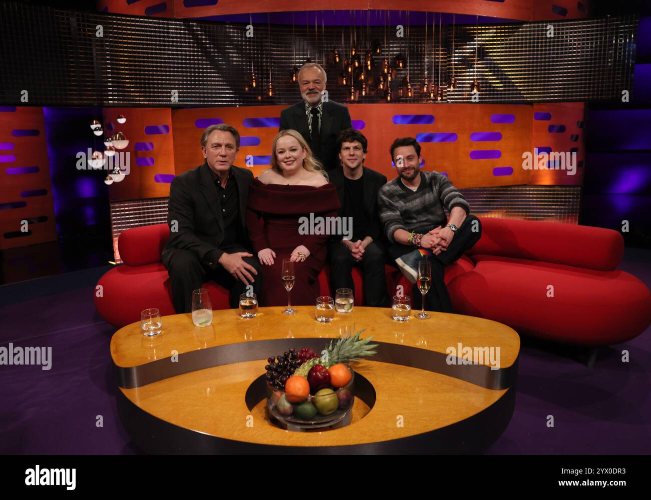EDITORIAL USE ONLY. Host Graham Norton with (left to right) Daniel Craig, Nicola Coughlan, Jesse ...
