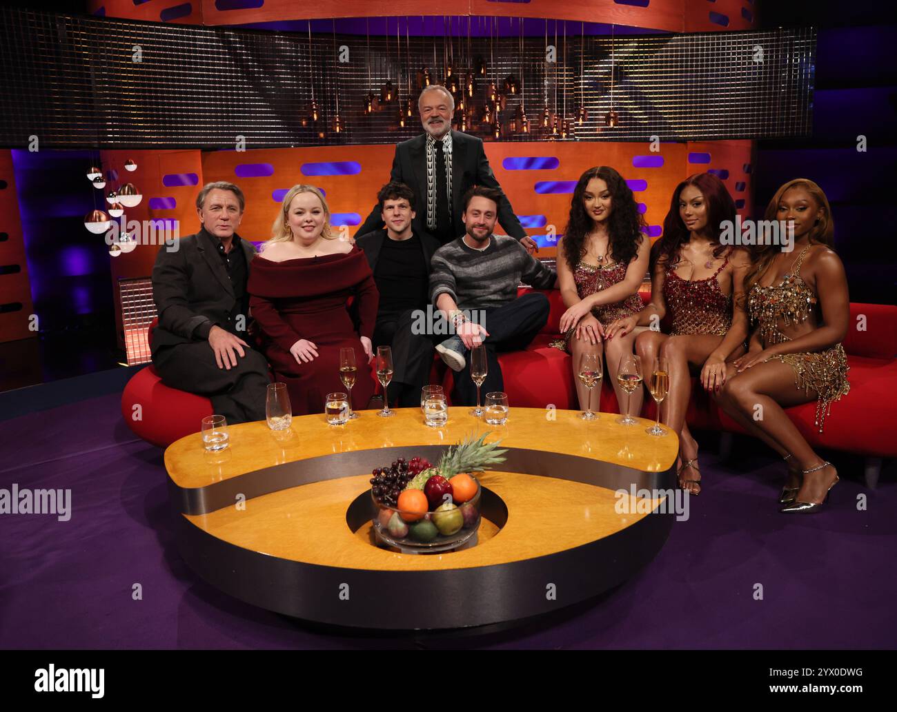 EDITORIAL USE ONLY. Host Graham Norton with (left to right) Daniel Craig, Nicola Coughlan, Jesse ...