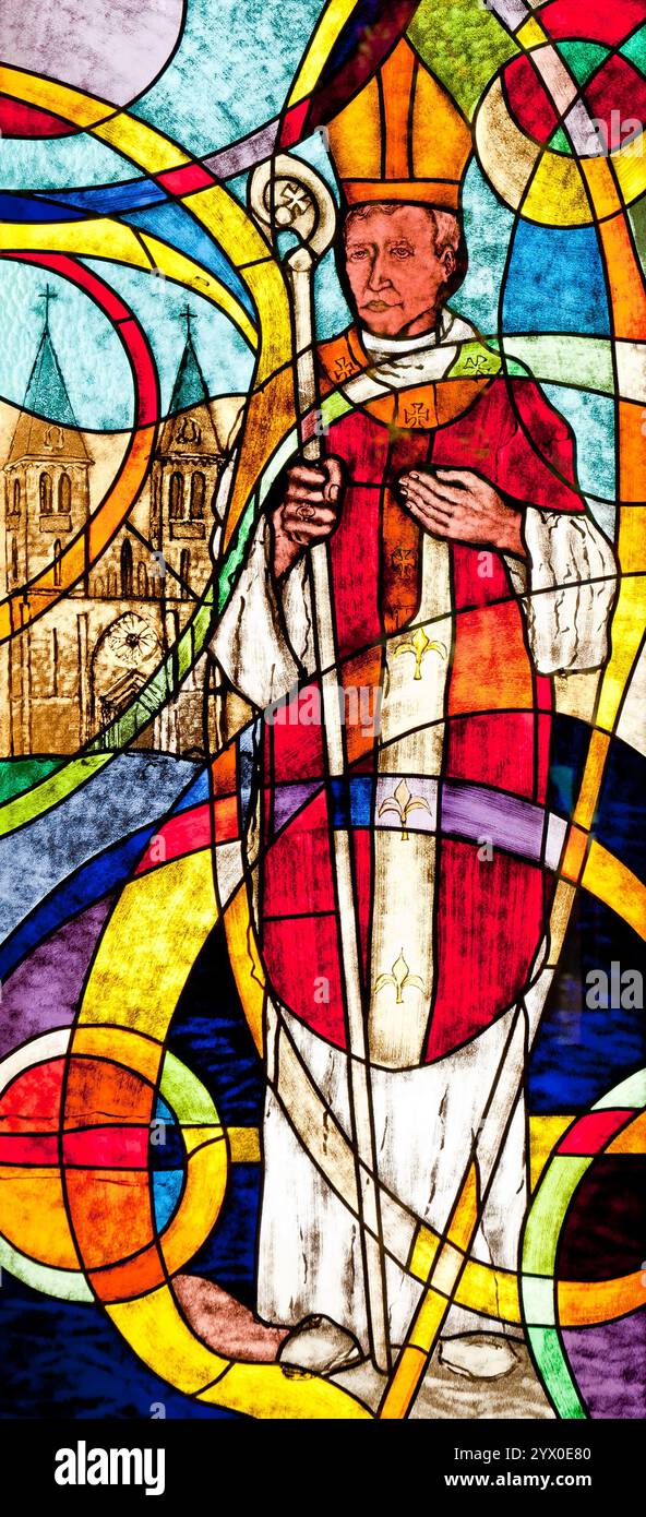 Stained glass showing the bishop and his church in the background Stock ...