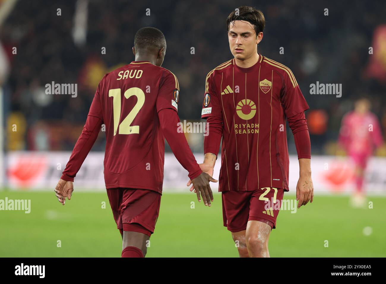 Rome, Italy 12.12.2024: Saud Abdulhamid of Roma, Paulo Dybala of Roma during the Uefa Europa ...